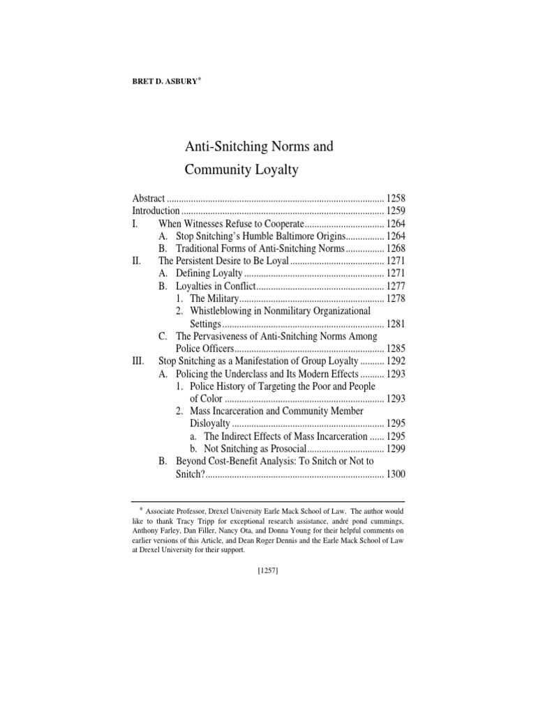 Asbury (2011) Anti-Snitching Norms and Community Loyalty | PDF ...