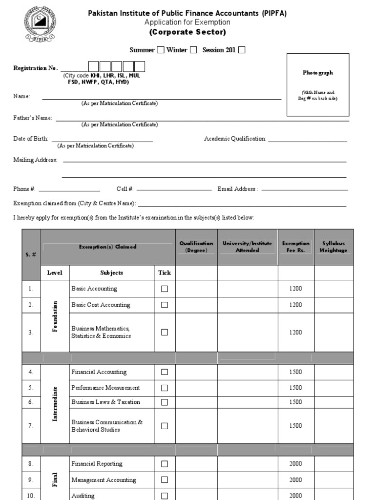 PIPFA Exemption Application Form | PDF | Accounting | Academia