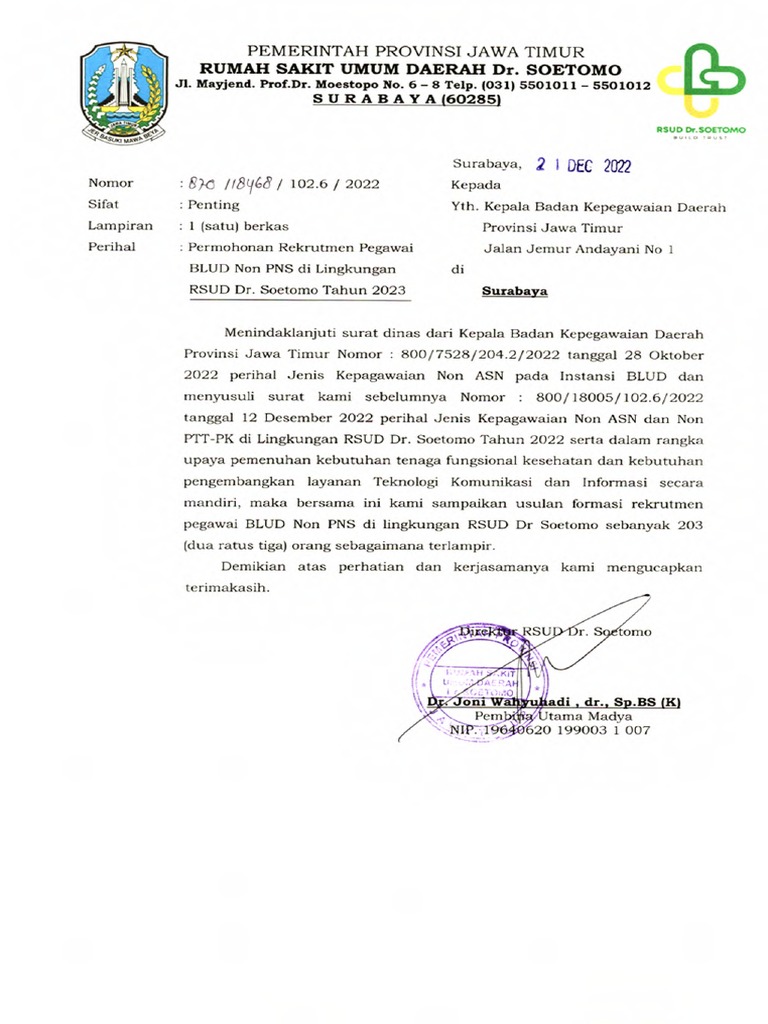 Permohonan Rekrutmen BLUD Non PNS Tahun 2023 | PDF