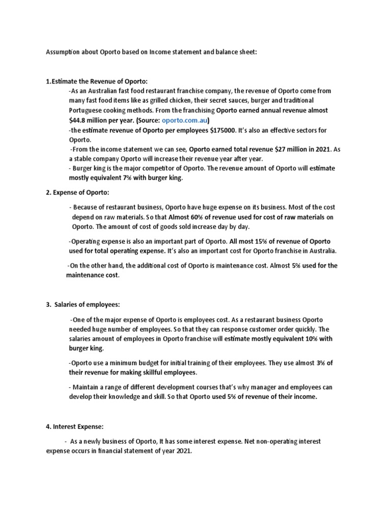 Assumption About Oporto Based On Income Statement and Balance Sheet ...