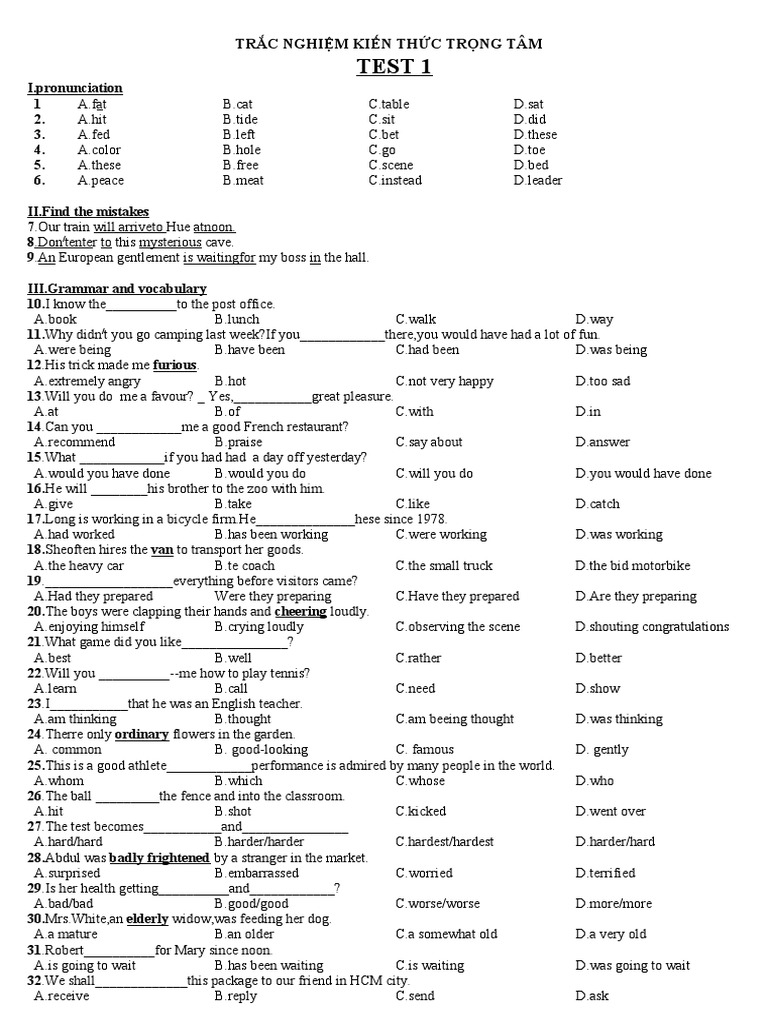 TRẮC NGHIỆM KIẾN THỨC TRỌNG TÂM 1 | PDF | Grammar | Syntax