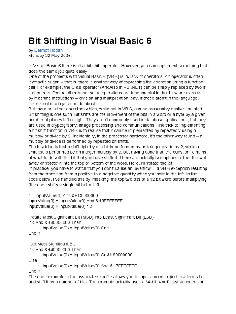 Bit Shifting in Visual Basic 6 | PDF | Bit | Multiplication