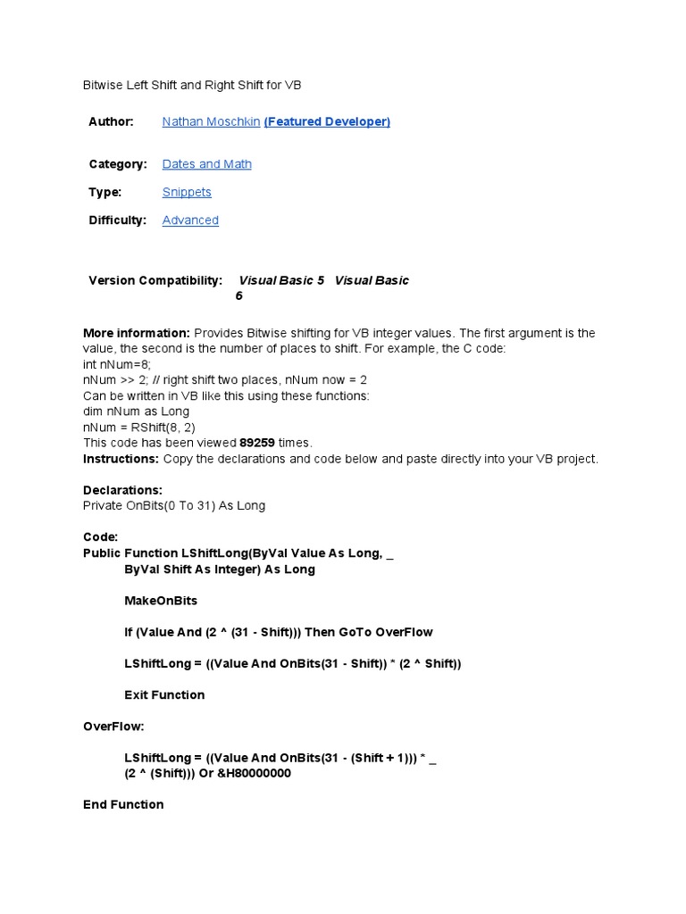 Bitwise Left Shift and Right Shift For VB | PDF | Computers