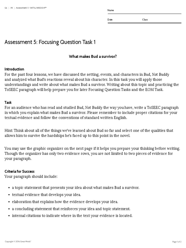 Grade 6 Module 1 Assessment 5_ Focusing Question Task 1 | PDF ...