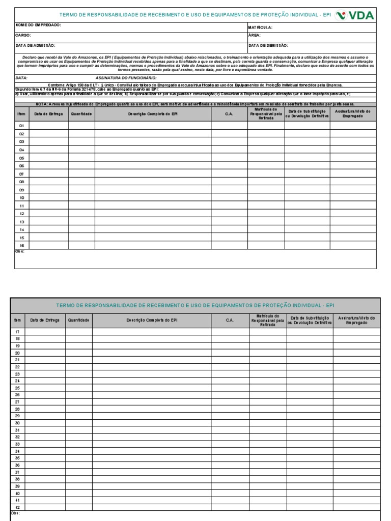 Anexo I - Ficha de EPI | PDF
