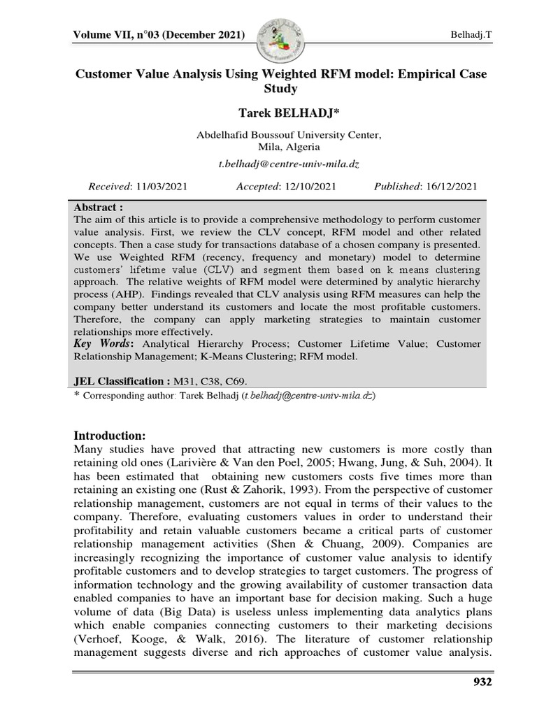 Customer Value Analysis Using Weighted RFM Model: Empirical Case Study | PDF | Market ...