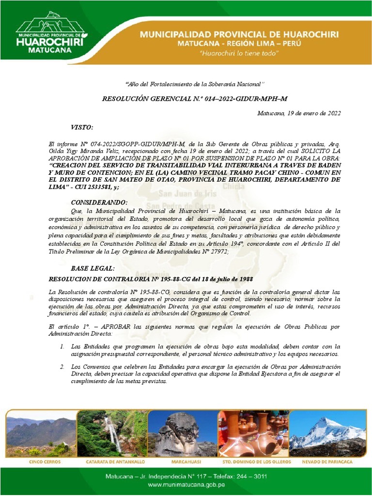 Resolucion N°014 - 2022 - Ampliacion de Plazo Por Suspencion - Baden Lanca Otao | PDF ...