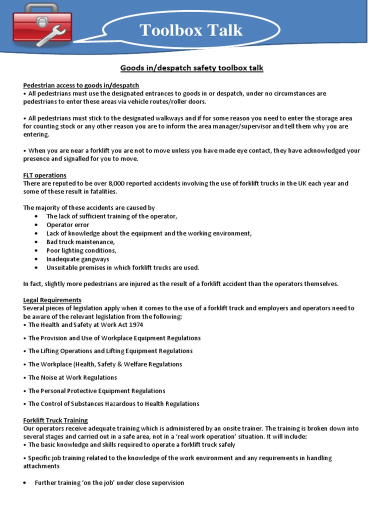 Warehouse Safety Toolbox Talk | PDF | Occupational Safety And Health ...