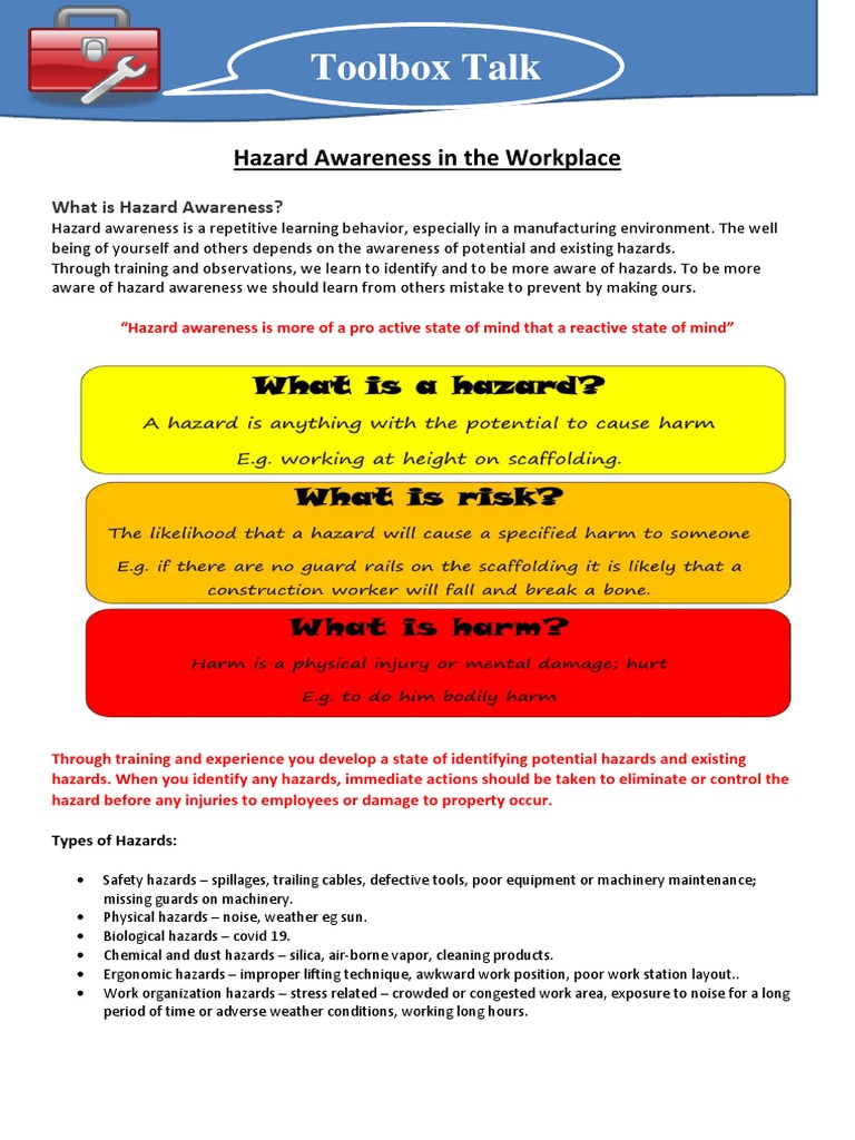 Hazard Awareess Toolbox Talk | PDF | Occupational Safety And Health | Hazards