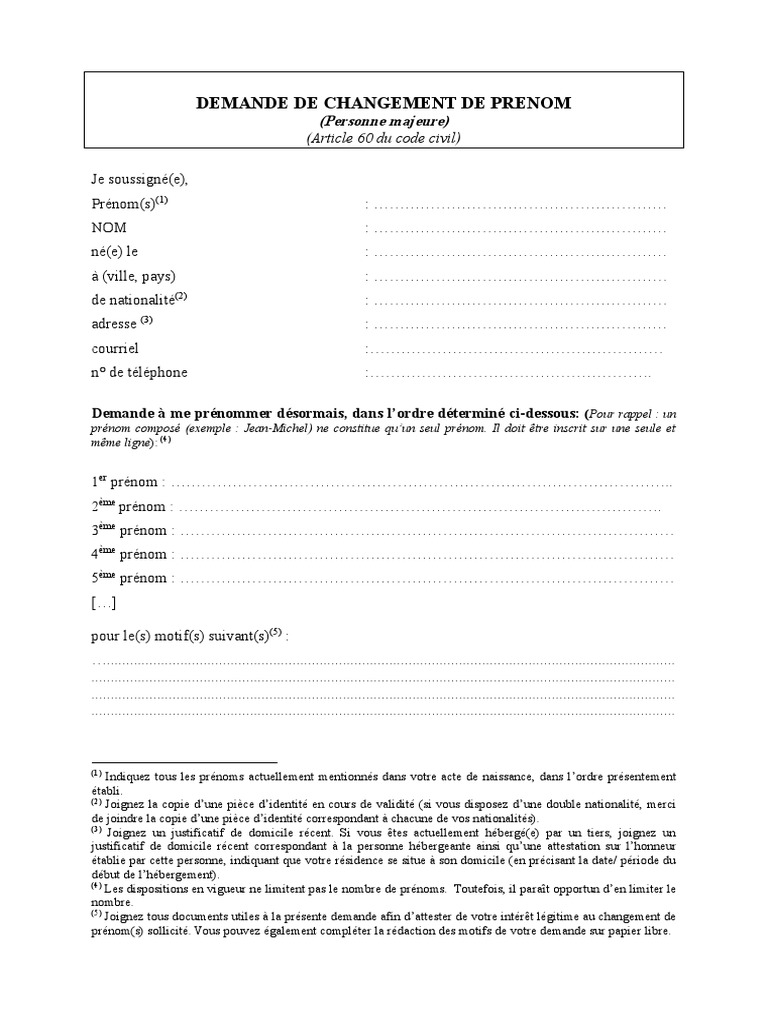 Formulaire de Demande de Changement de Prenom Pour Une Personne Majeure | PDF | Certificat de ...