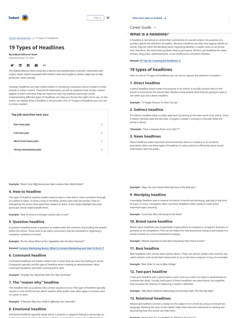 19 Types of Headlines - Indeed - Com - Removed (8 Files Merged) | PDF ...