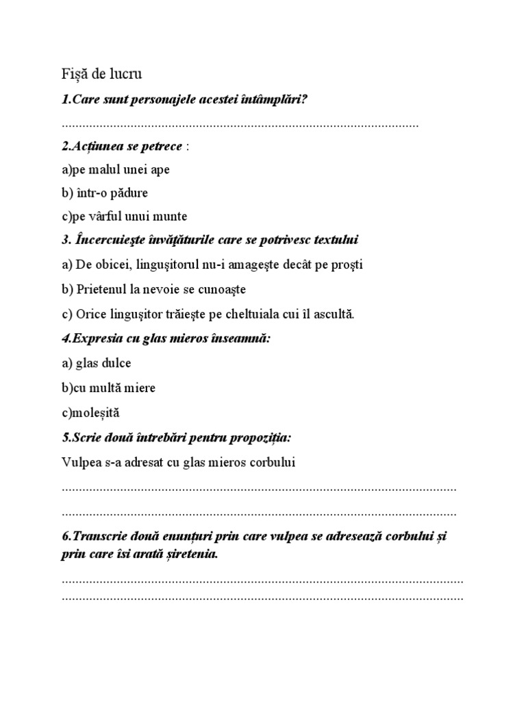 Fișă de Lucru Corbul Şi Vulpea | PDF