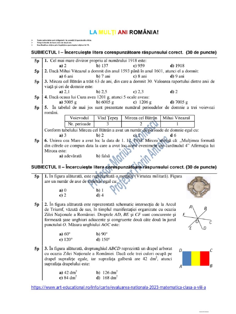 Simulare Romania - Matematica | PDF