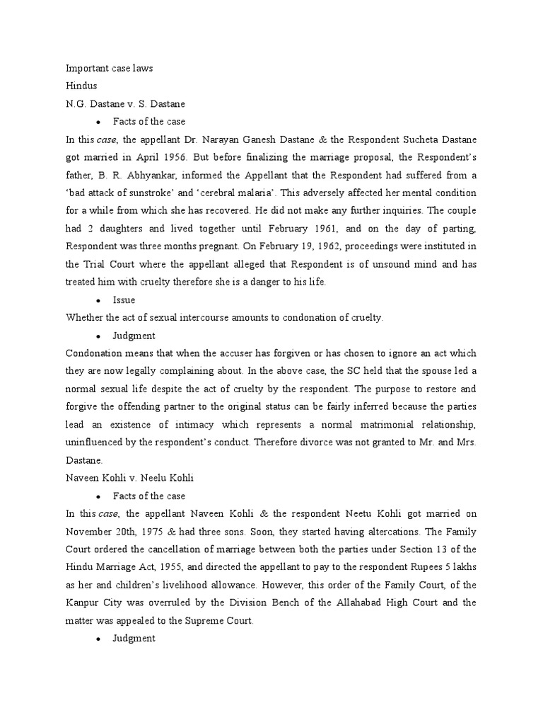 Important Case Laws Hindu Law | PDF | Divorce | Marriage
