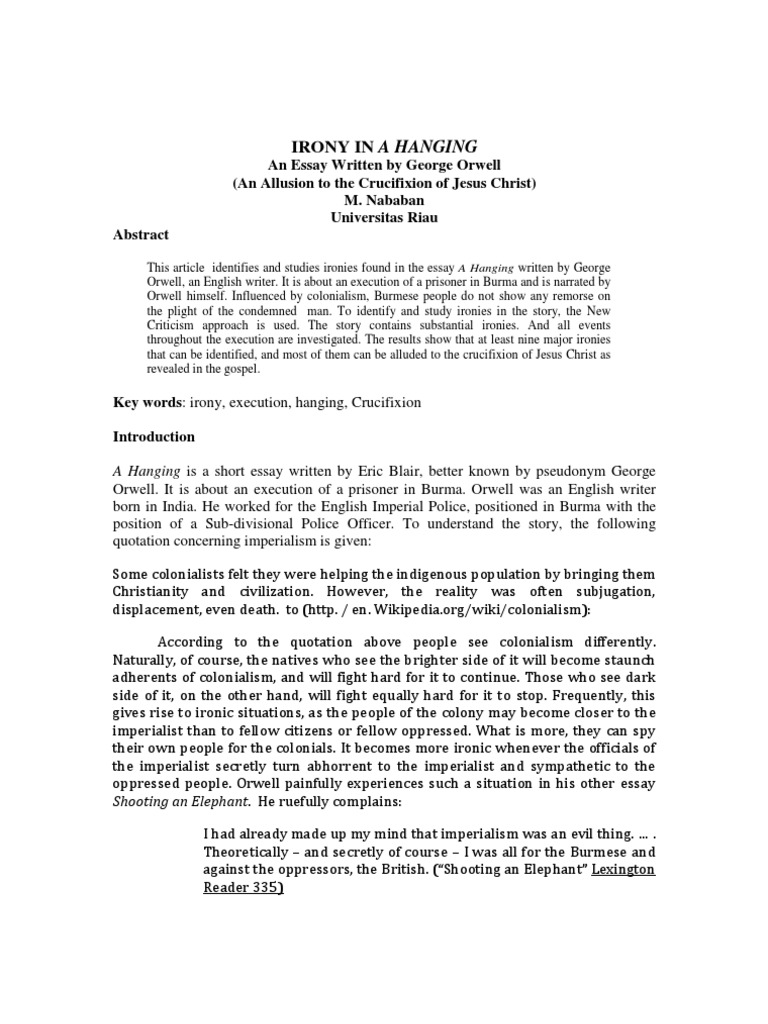 IRONY IN A HANGING An Essay Written by George Orwell (An Allusion To ...