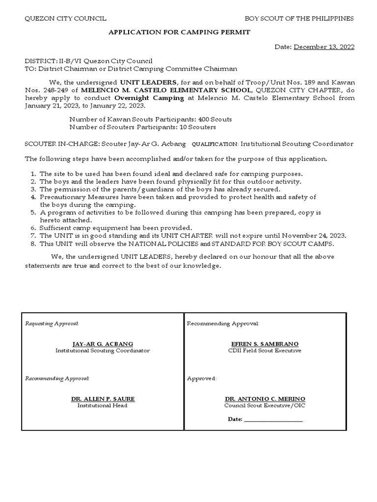 Application For Camping Permit 55th Boy Scout | PDF