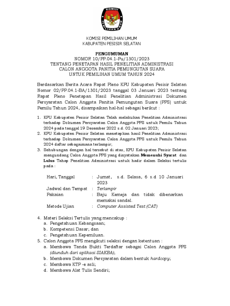 Pengumuman Hasil Penelitian Administrasi Calon Anggota Pps | PDF