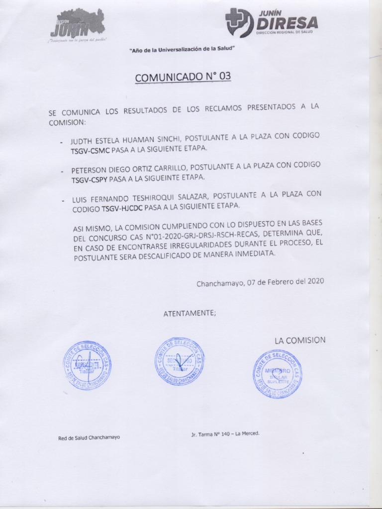 Comunicado No.03 CAS No.01 2020 Red Chanchamayo | PDF