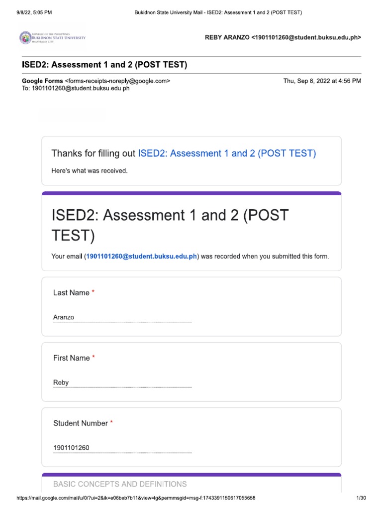 Aranzo, Reby R. BSE-Math 4 ISED2 Assessment 1 and 2 (POST TEST) | PDF
