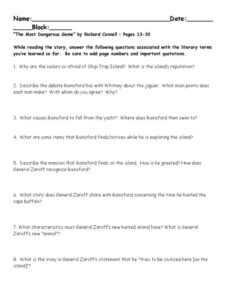 "The Most Dangerous Game: Worksheet" | PDF