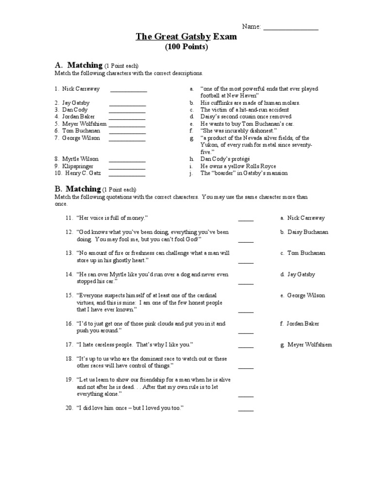 The Great Gatsby Exam: A. Matching | PDF | The Great Gatsby