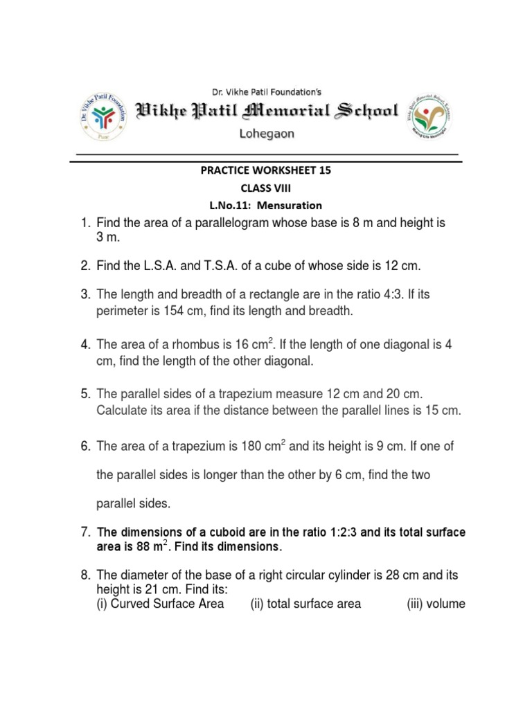 L.No.11 Mensuration Worksheet | PDF