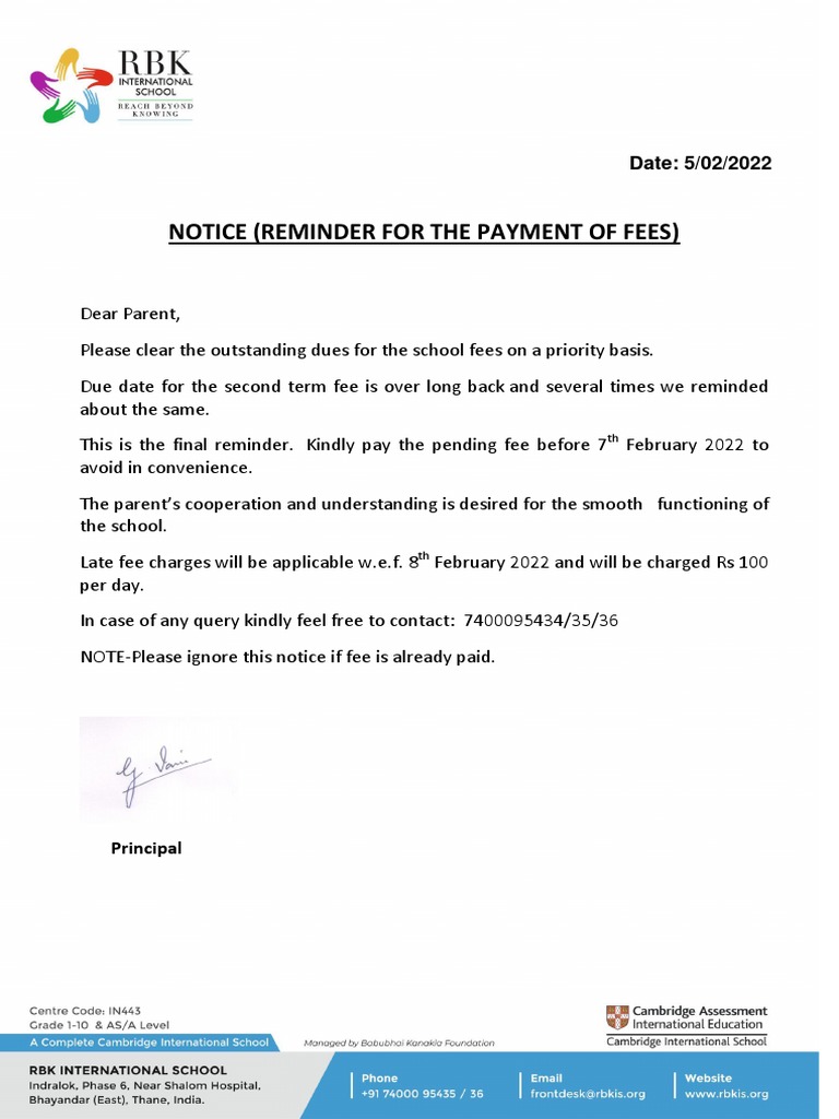 Notice - Reminder For The Payment of Fees | PDF