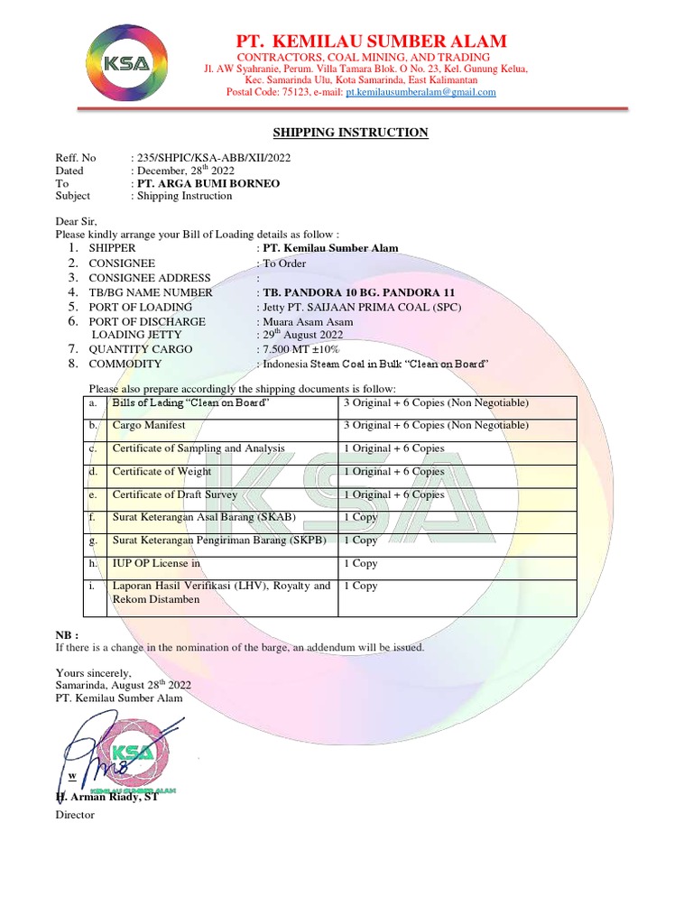 SI Adalah Shipping Instruction Contoh | PDF