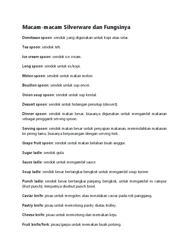 Jenis Silverware dan Fungsinya | PDF