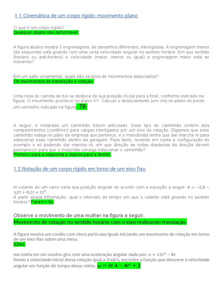 Movimento plano de corpos rígidos: cinemática e dinâmica de sistemas de partículas, corpos ...
