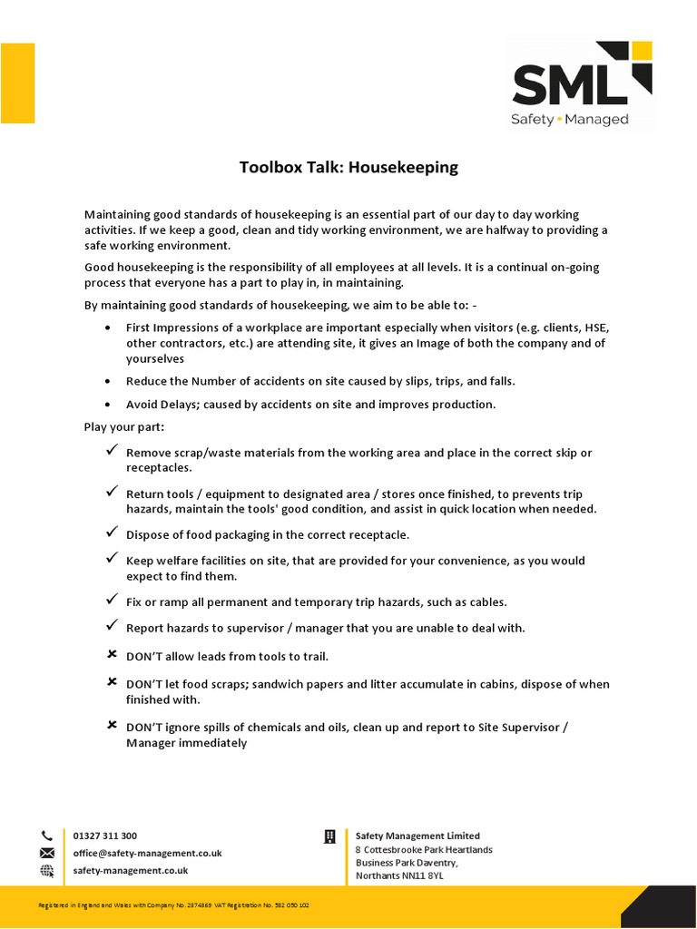 Toolbox Talk Housekeeping | PDF | Housekeeping | Occupational Safety ...