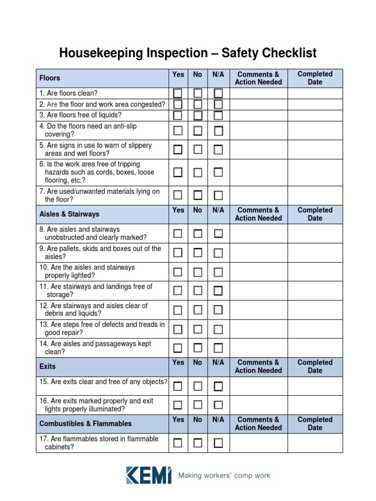 Housekeeping Safety Inspection Checklist | PDF | Waste | Housekeeping