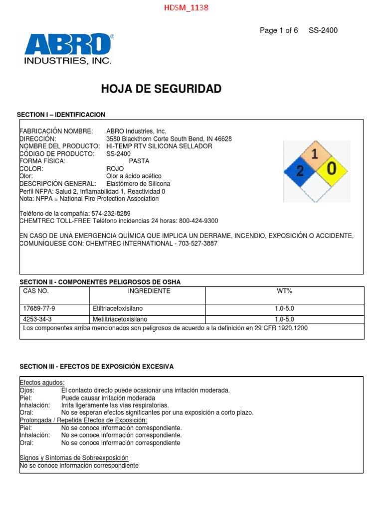 HDSM - 1138 - Hi-Temp RTV Silicona Sellador. N.E. | PDF | Agua ...