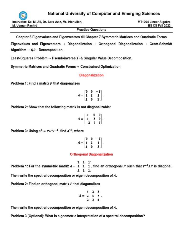 MT1004 LA F22 Practice Questions (Ch5 To Ch7) | PDF | Matrix (Mathematics) | Eigenvalues And ...