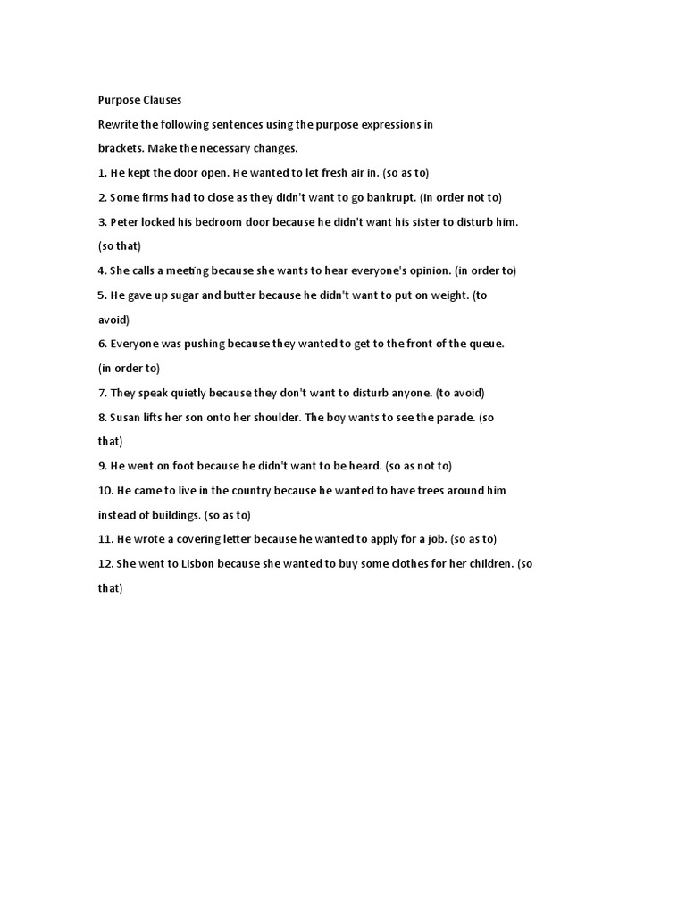 Purpose Clauses Exercises | PDF