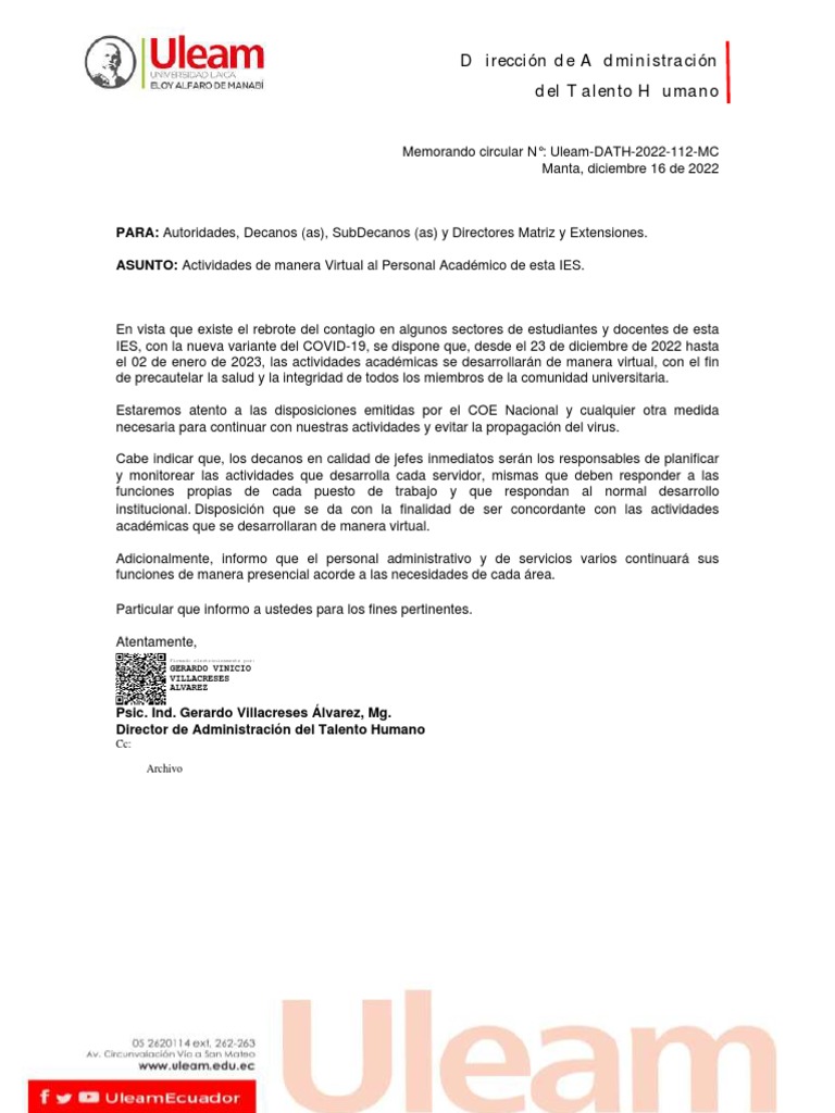 Memorando Circular N°. Uleam-DATH-2022-112-MC | PDF