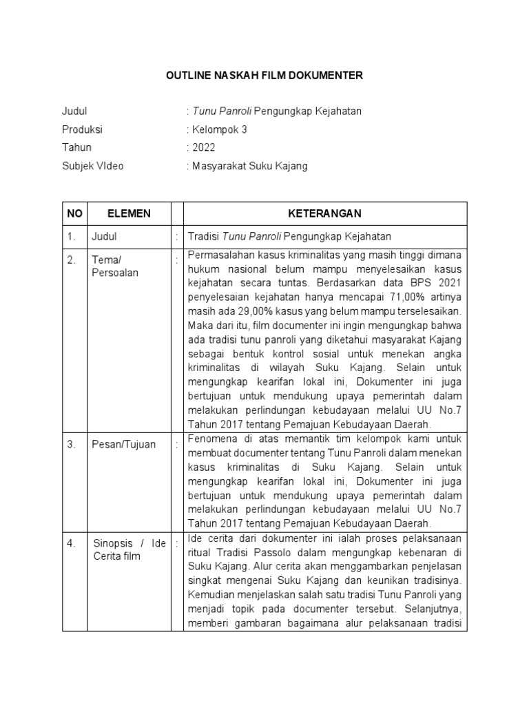 Outline - Naskah - Film - Dokumenter KLP 3 | PDF