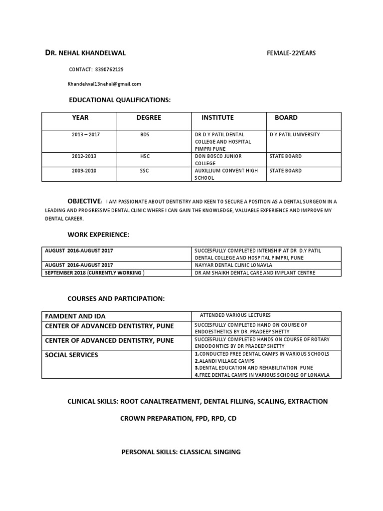 Nehal Khandelwal CV | PDF | Dentistry | Health Care