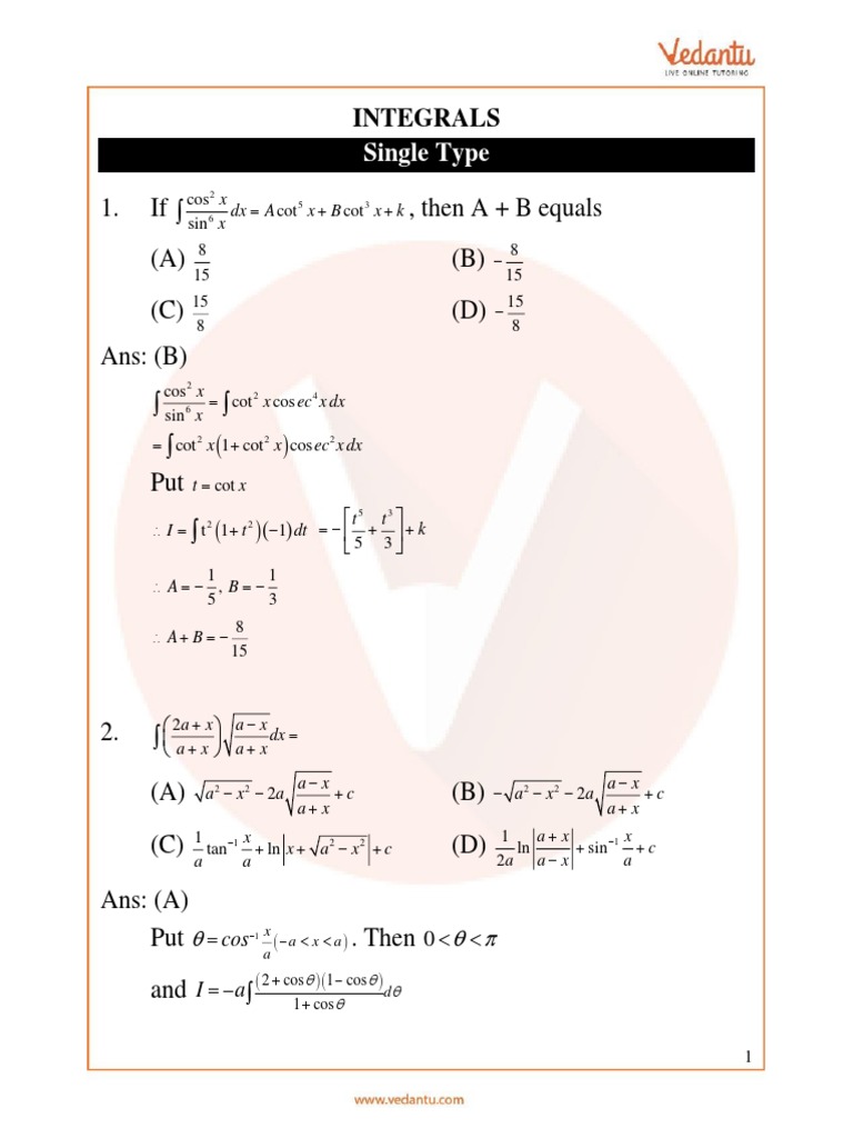 JEE Advanced Integrals Important Questions | PDF