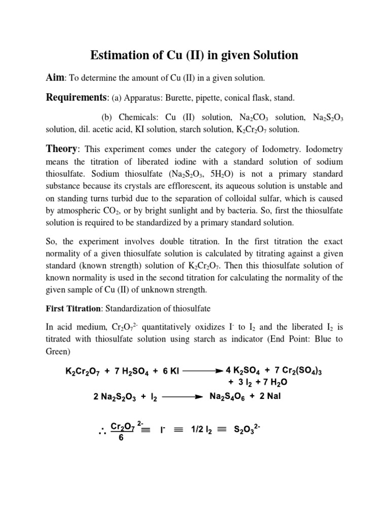 Estimating Cu(II) in Solution via Iodometry | PDF | Titration | Chemistry