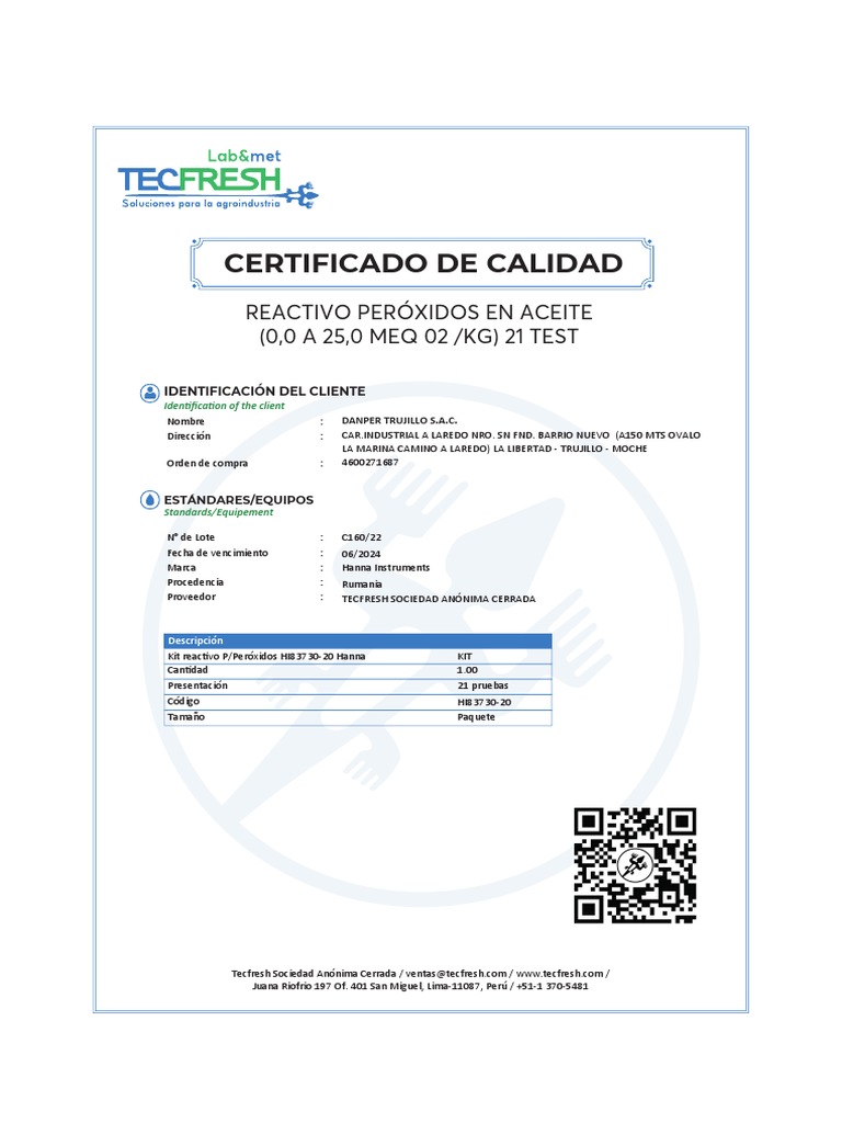Certificado Calidad Reactivo Peróxidos | PDF