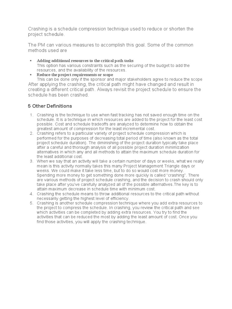 Crashing Is A Schedule Compression Technique Used To Reduce or Shorten ...