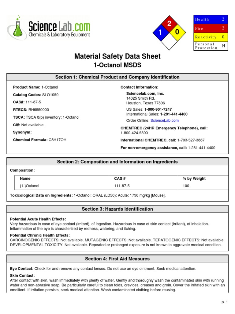 1-Octanol MSDS: Safety & Handling Guide | PDF | Toxicity | Personal ...
