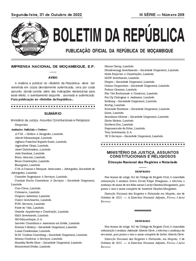 Boletim Da República III SÉRIE - Número 209 | PDF | Moçambique | Cidade