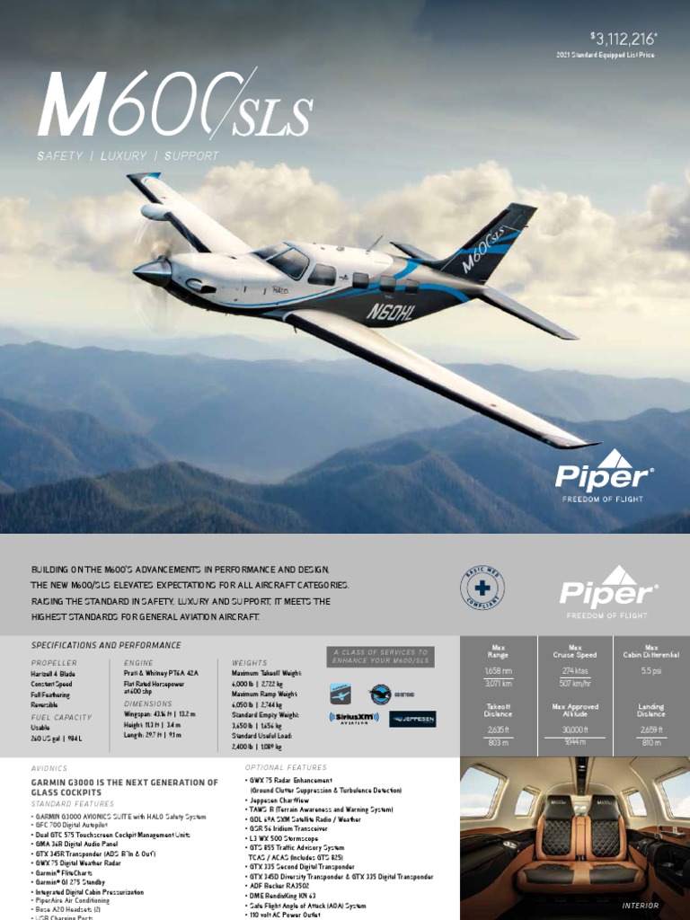 Piper M600 SLS Single Spec Sheet | PDF | Avionics | Aviation