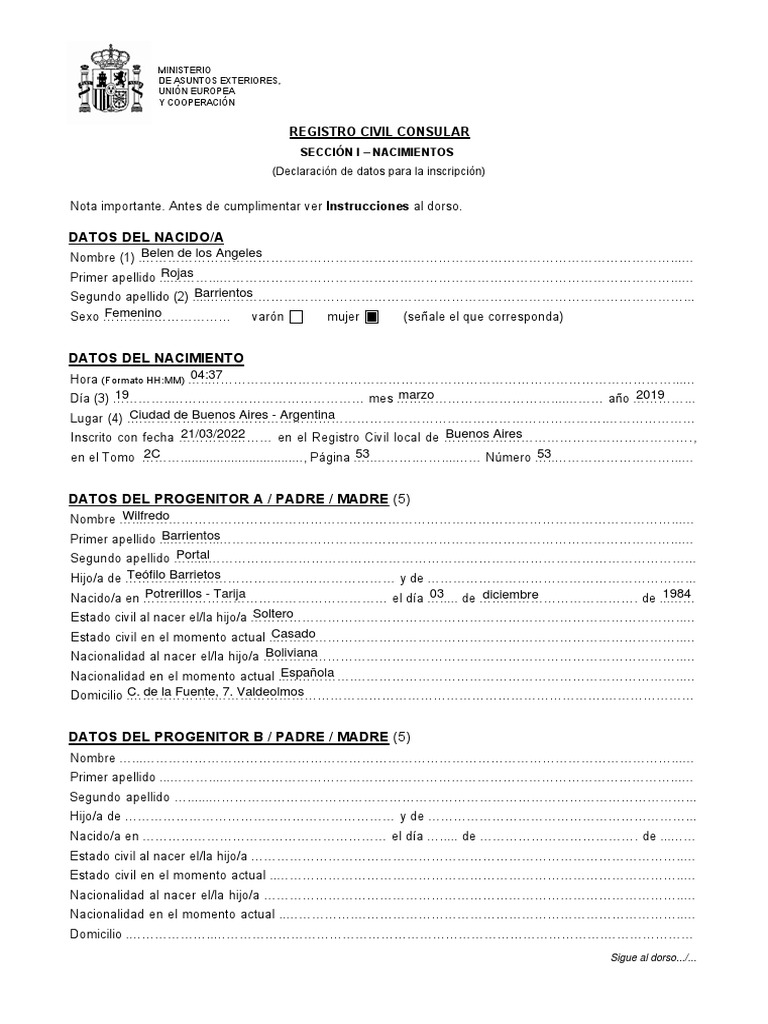 Hoja Declaratoria Inscripción Nacimiento | PDF