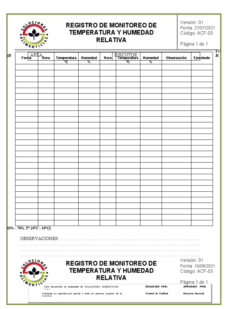 Acf-03 Registro de Monitoreo de Temperatura y Humedad Relativa | PDF ...