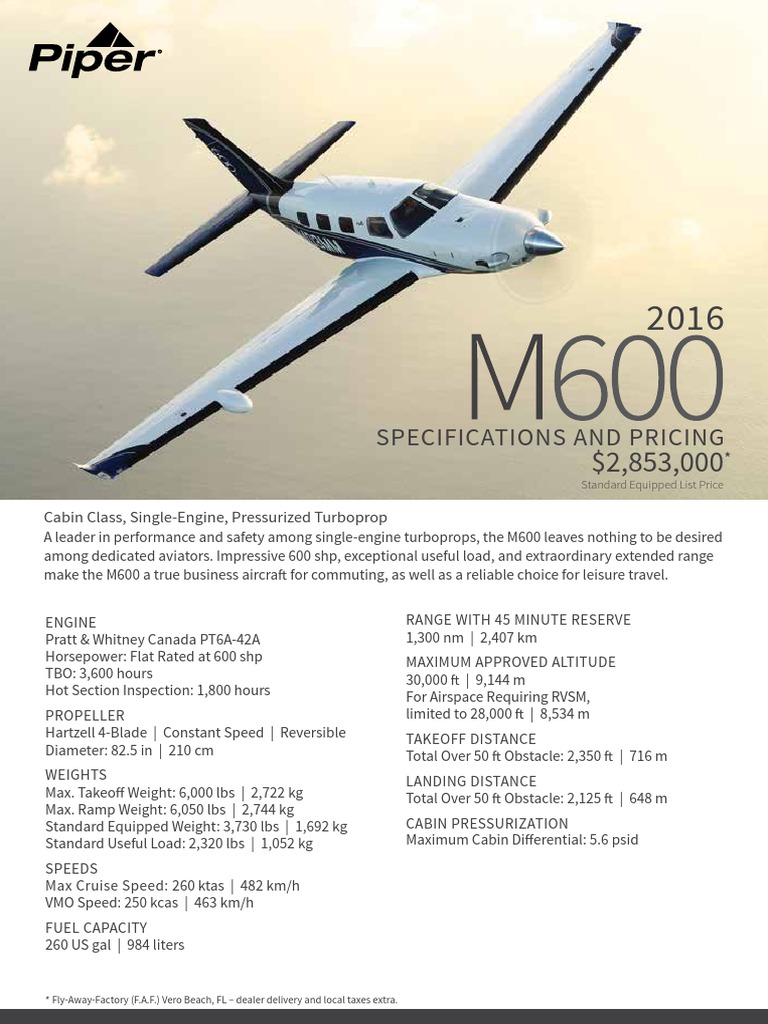 Piper M600 Specifications and Pricing | PDF | Cockpit | Horsepower