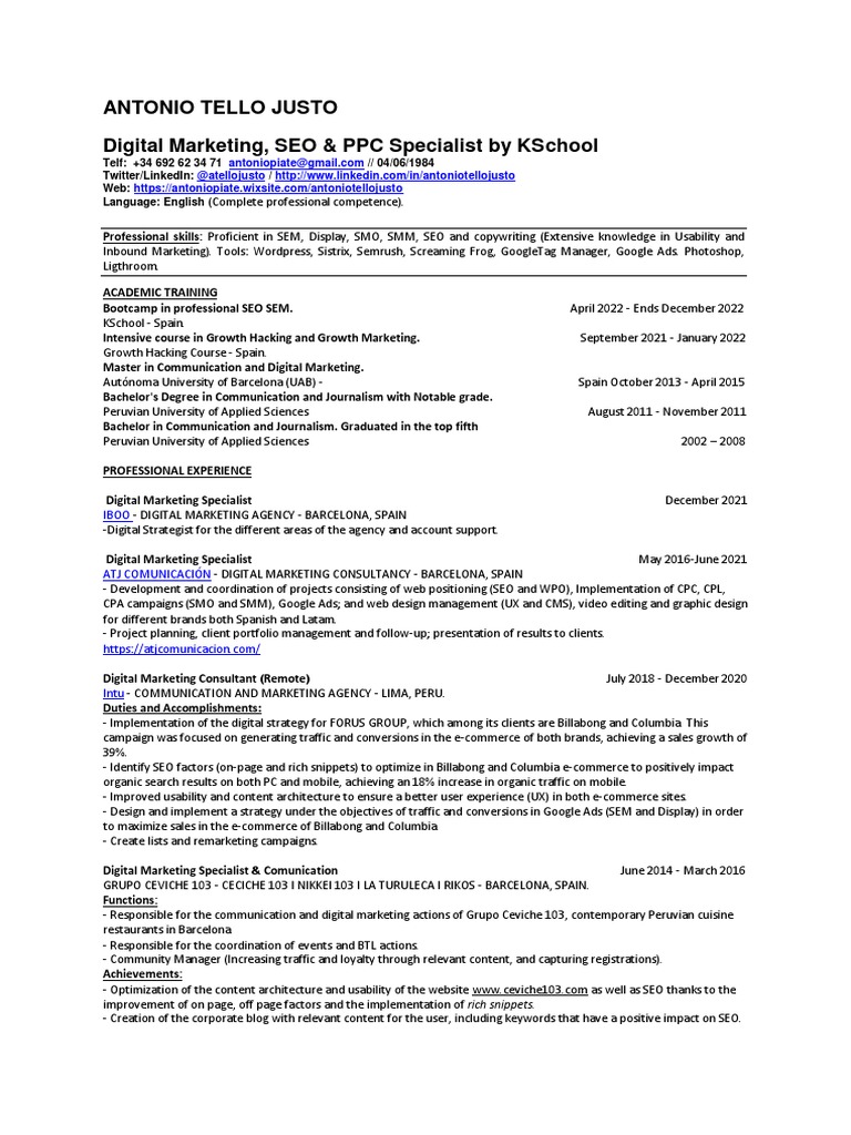 CV Antonio Tello Justo | PDF | Digital Marketing | Search Engine Optimization
