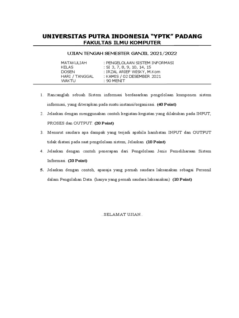 Soal UTS PSI 20211 | PDF